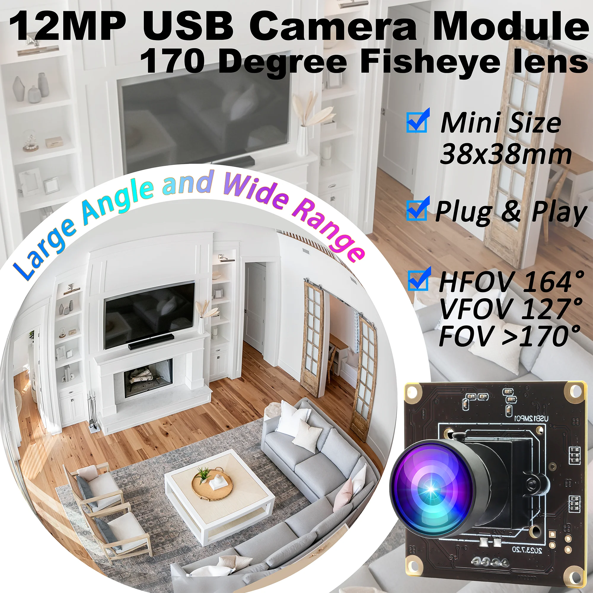ELP 12MP USB Camera Module, 170°Fisheye Lens 1080P@120fps UVC Mini ...