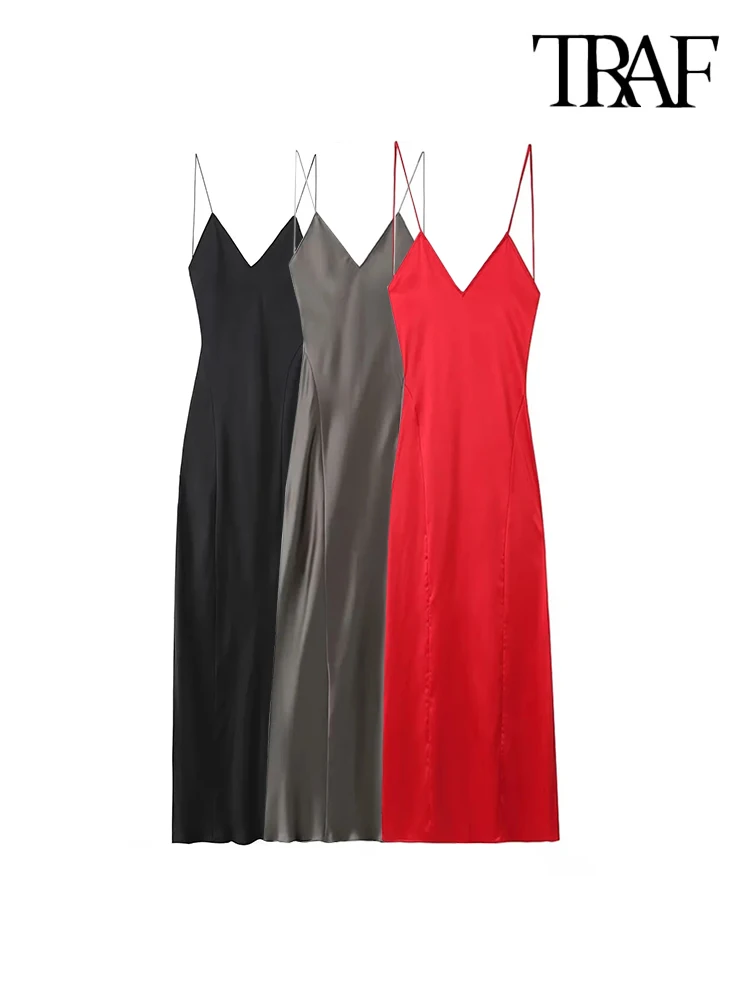 TRAF-vestido-Midi-de-fiesta-de-sat-n-para-mujer-tirantes-finos-vestidos ...