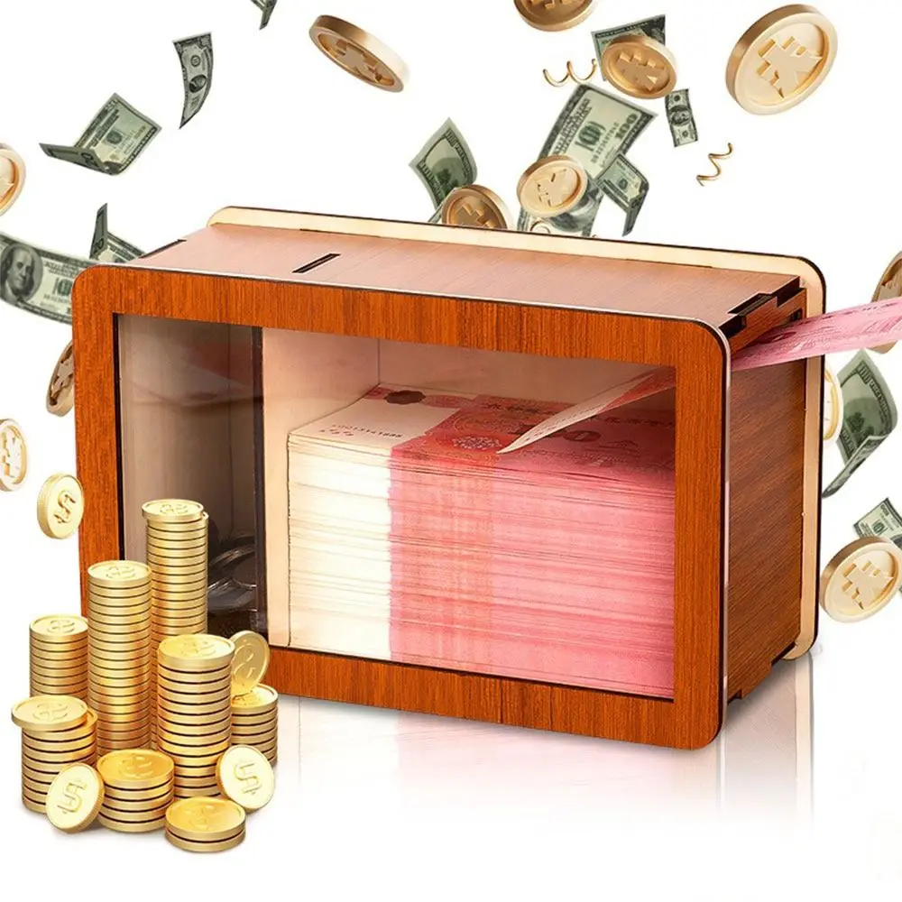 New Wooden Money Savings Box Transparent Visible Reusable Large Size ...