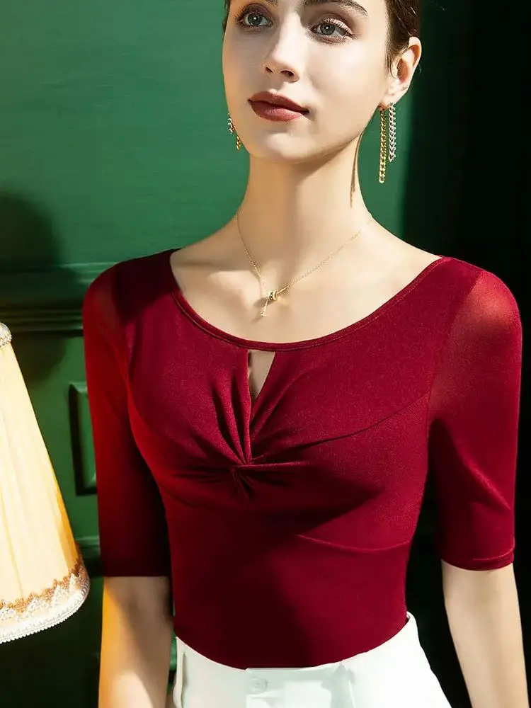 Half Sleeve Mesh Top Women Clothing 2024 New Summer Autumn Basic O-Neck ...