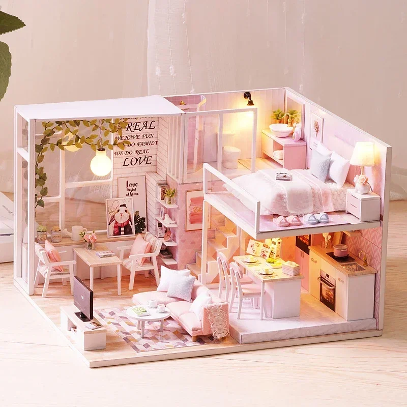 Wooden-Mini-Doll-House-DIY-Handmade-Duplex-Apartment-Production-3D ...