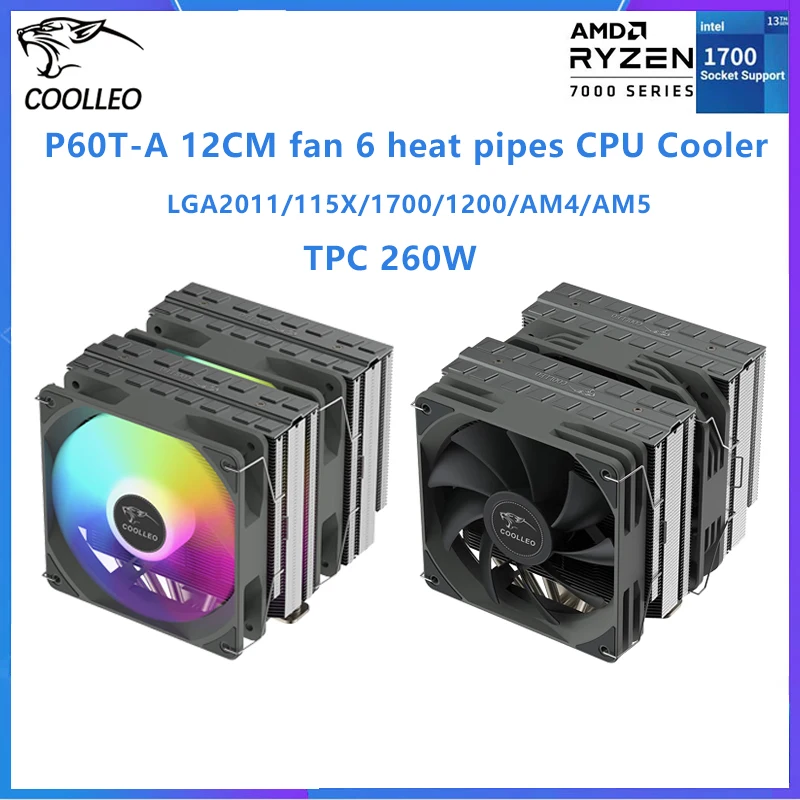 COOLLEO P60T-A PRO ARGB Daul 타워 CPU 쿨러 6 히트 파이프 에어 쿨러 라디에이터 LGA2011 ...