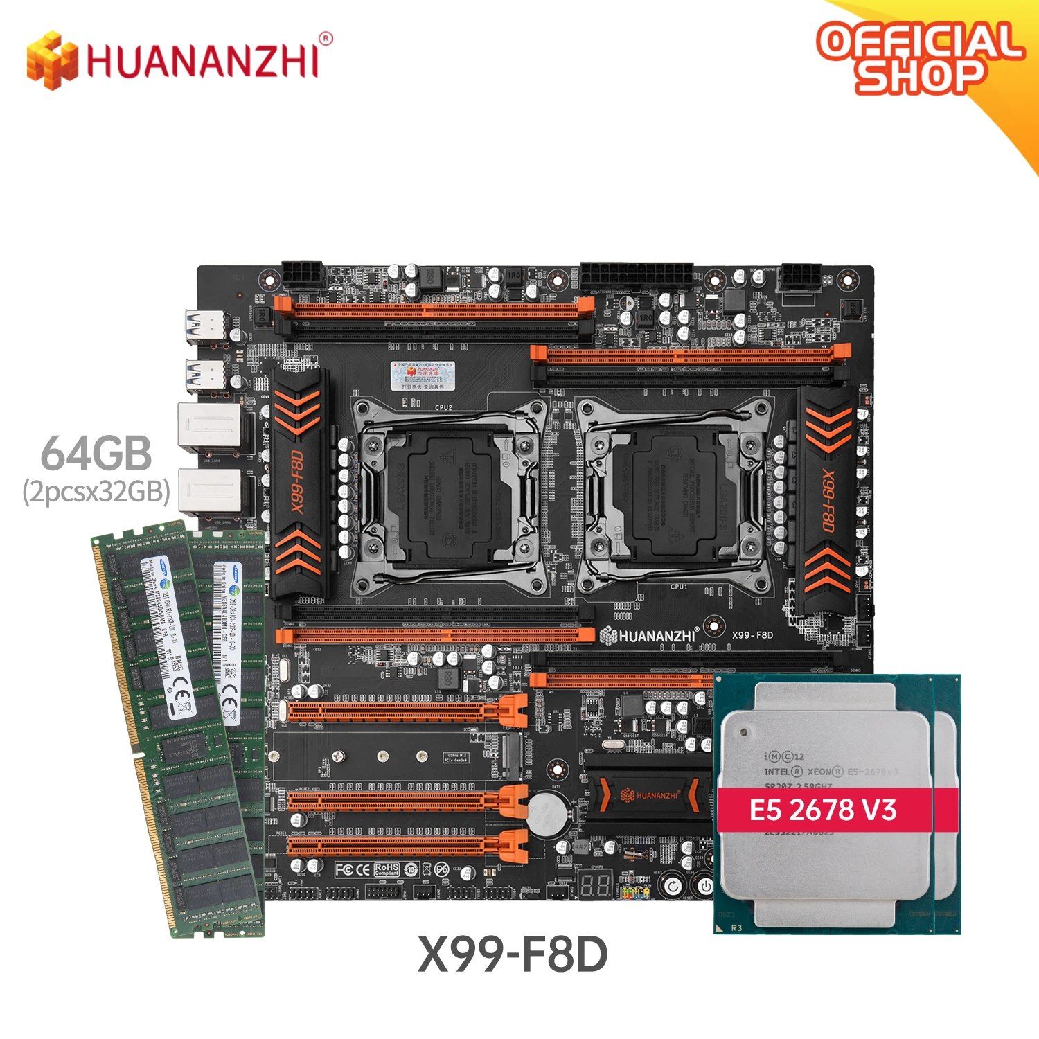 HUANANZHI X99 F8D X99 Motherboard Intel Dual with Intel XEON E5 2678 V3*2 with 2*32GB DDR4 RECC ...