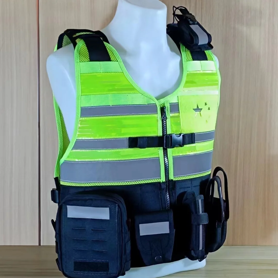Fluorescent-Green-Reflective-Black-Protective-Vest-Outdoor-Multi ...
