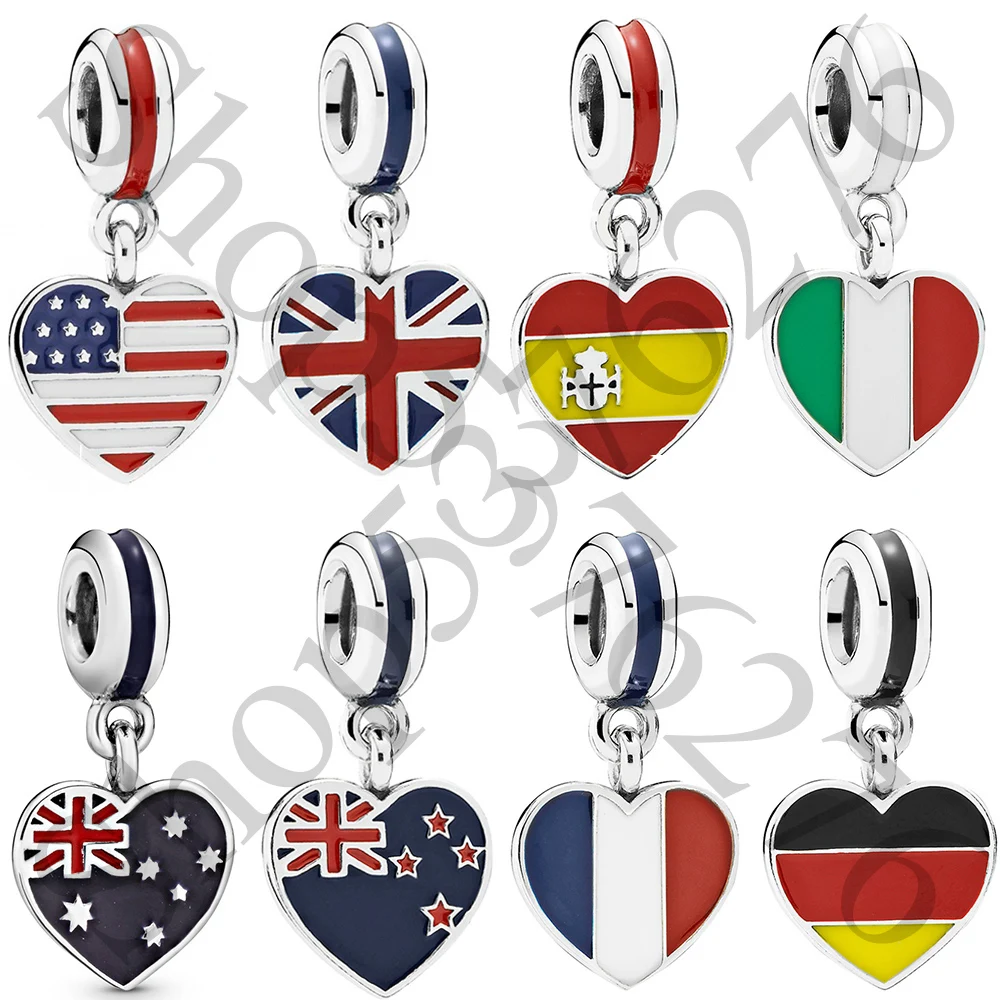 925-Sterling-Silver-Bead-United-Kingdom-France-Italy-Spain-Heart-Flag ...
