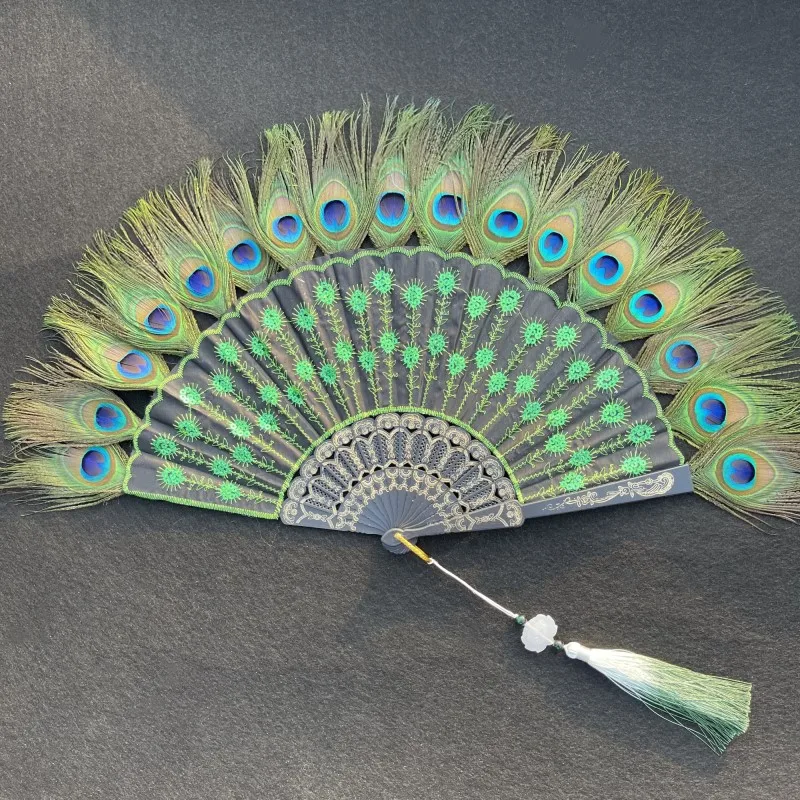 Peacock-Feather-Folding-Fan-Embroidery-Fan-Black-Rod-Sequin-Wing-Chun ...