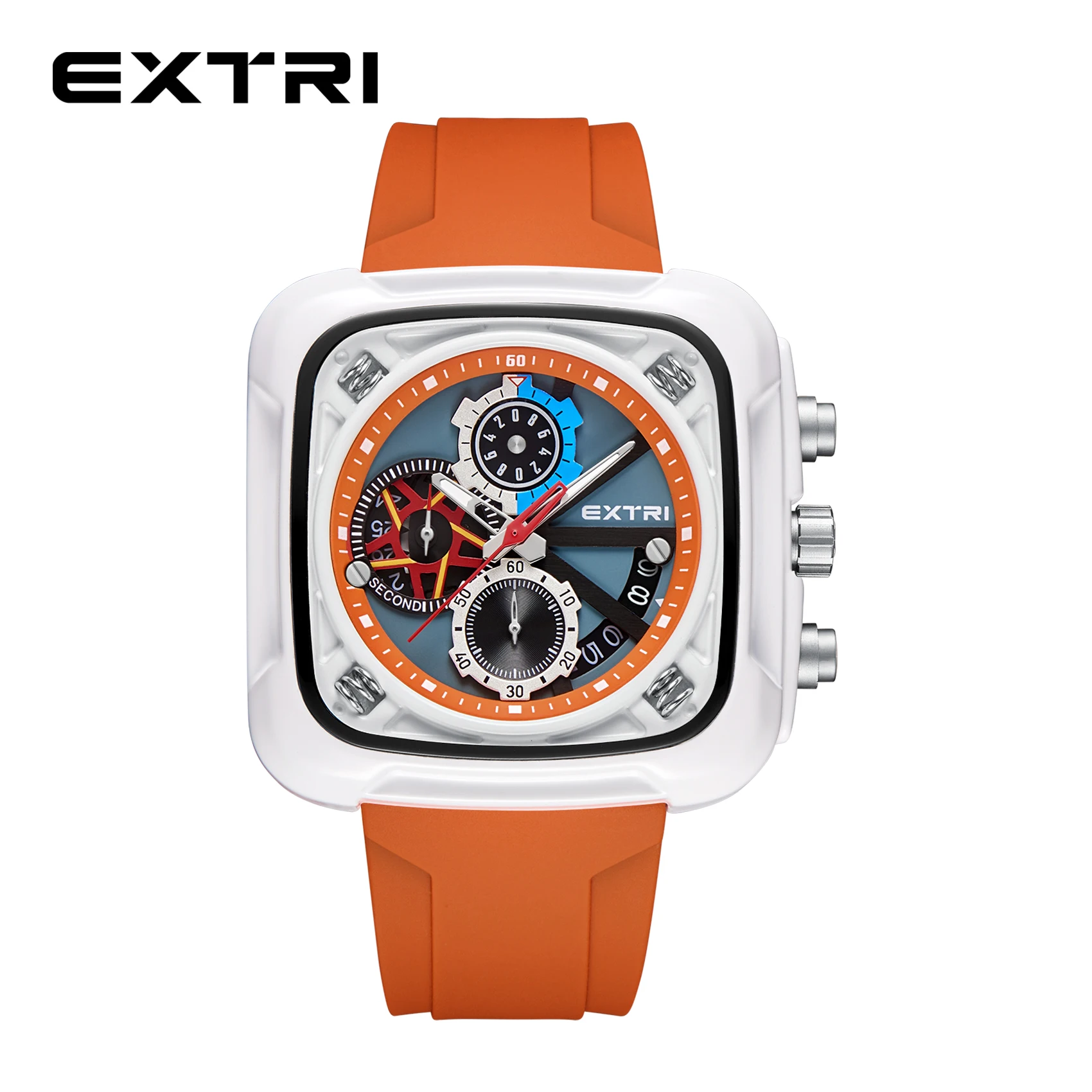Extri-Original-Best-Dress-Watches-Square-Men-Big-Size-Orange-Strap-Unique-Design-Multifunction ...