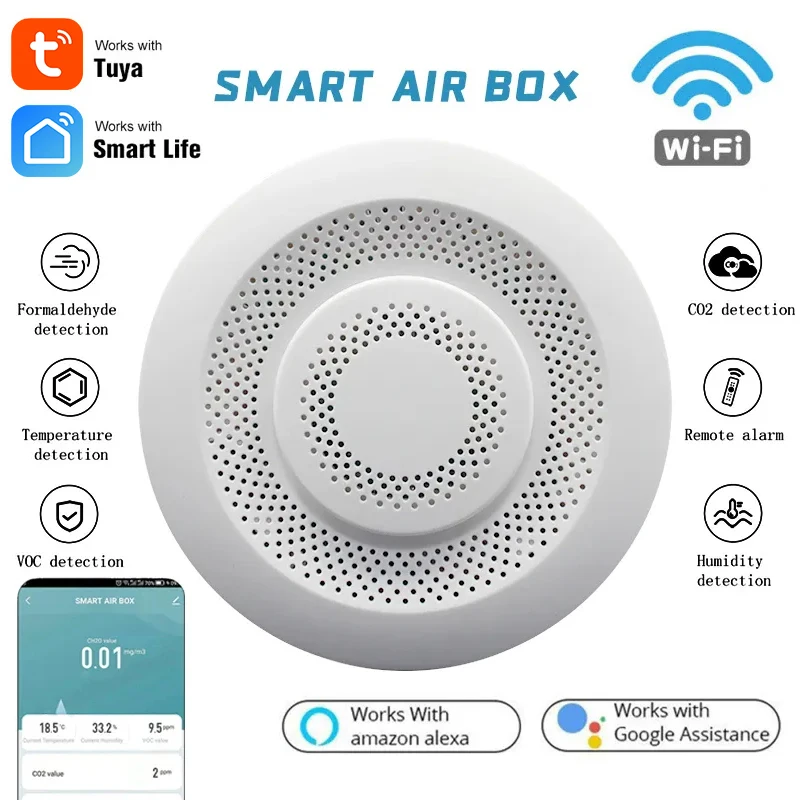 Tuya Wifi Smart Air Box Quality Monitor CO2 Sensor Temperature Humidity Meter VOC HCHO Gas ...