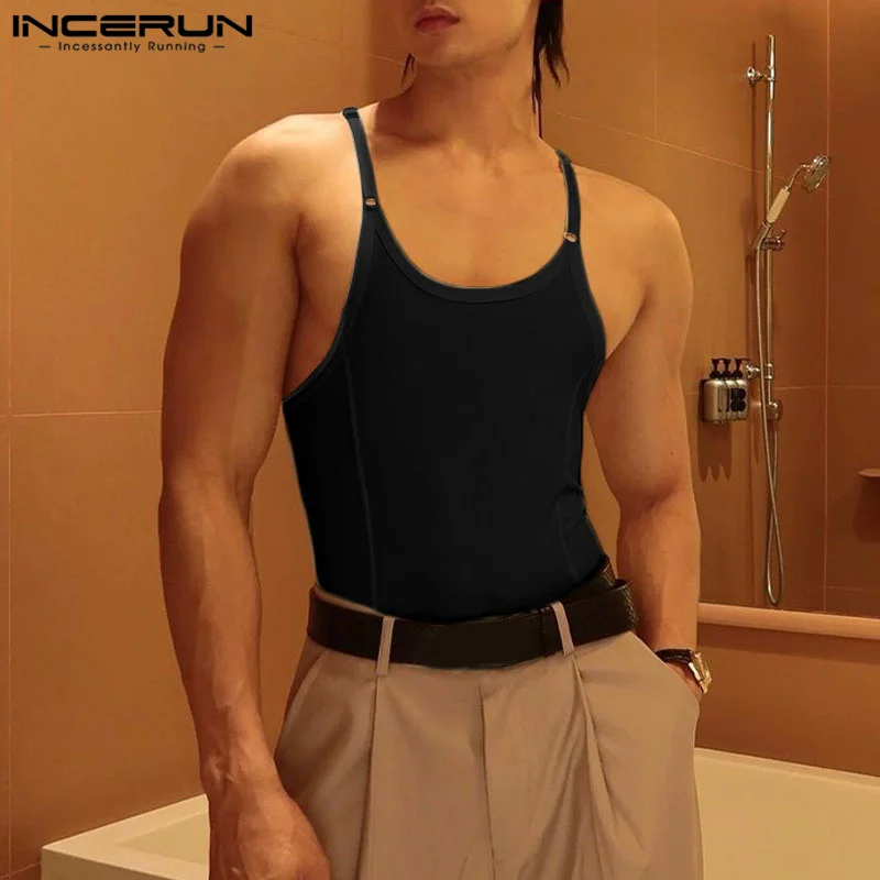 INCERUN Men Bodysuits Solid Color O-neck Sleeveless Skinny Sexy ...