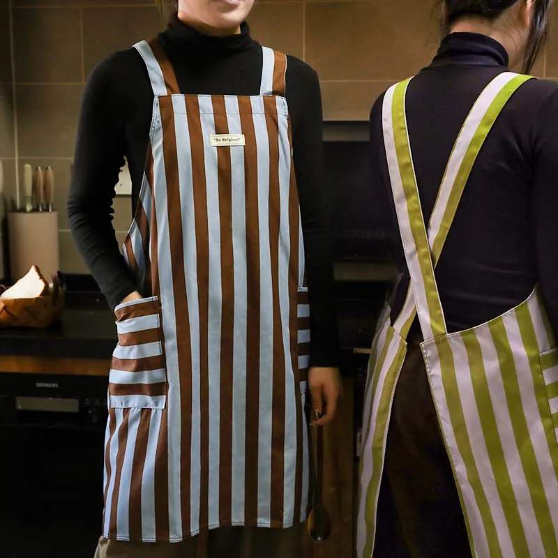Home Striped Anti-dirty Water-resistant Cotton Kitchen Apron with ...