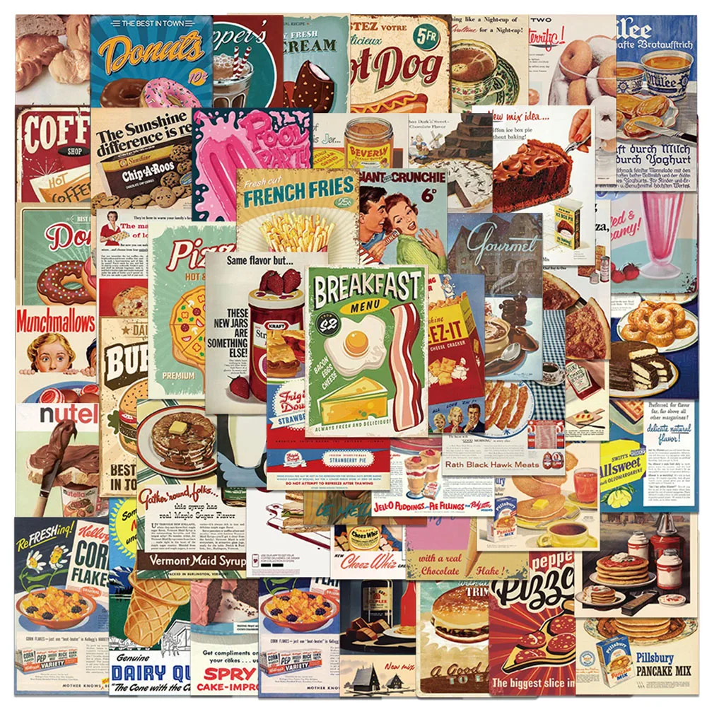 50pcs-Aesthetic-Vintage-Food-Stickers-Cartoon-Pizza-Milk-Coffee-Burger ...