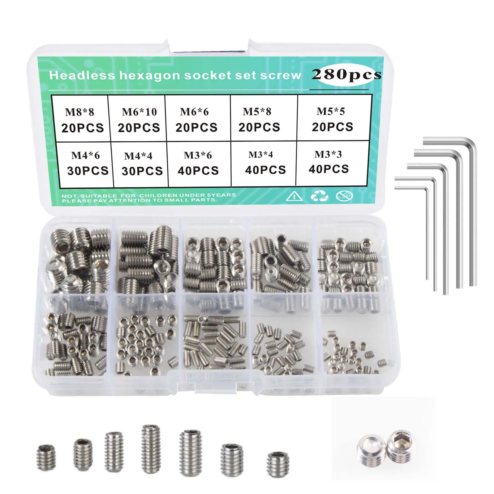 280Pcs Headless Cup Point Set Screw 304 Stainless Steel M3 M4 M5 M6 M8 ...
