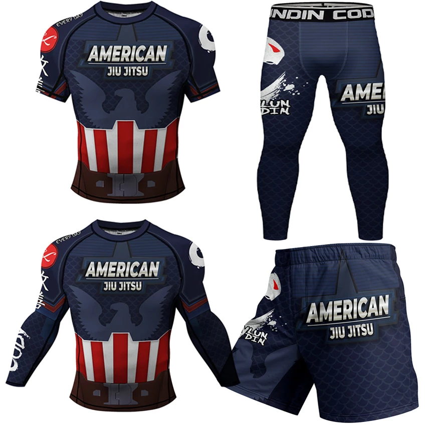 Jiu Jitsu Rashguard MMA T-shirt +Pants For Men 4PCS/Set Brazilian ...