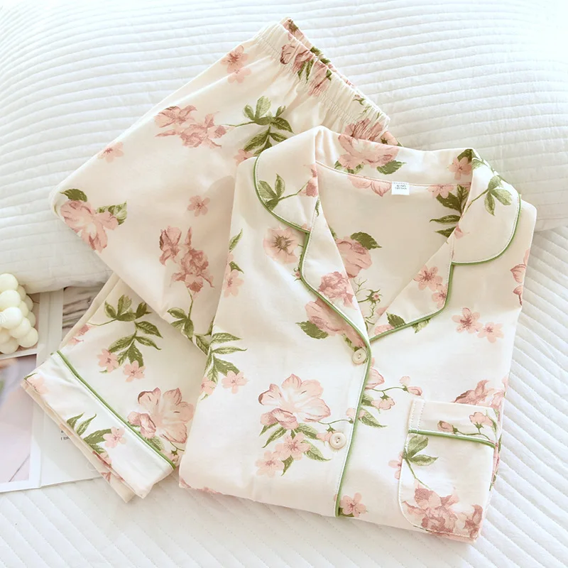 2026 New Spring and Autumn Women's Pajama Set 100% Cotton Knitted Long ...