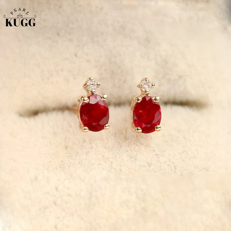KUGG 18K Yellow Gold Earrings Natural Ruby Earrings Real Diamond ...