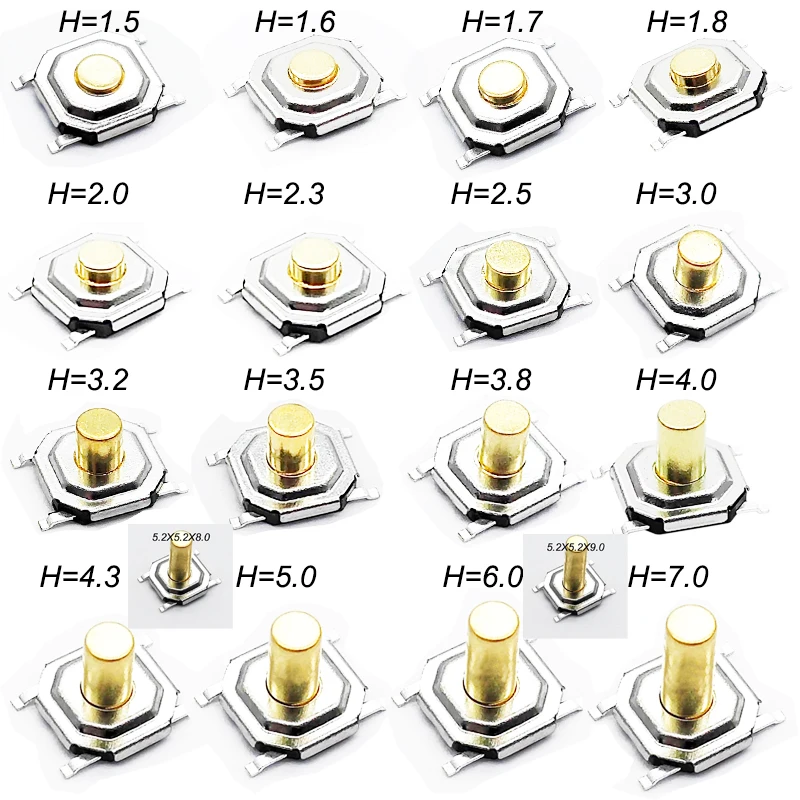 50PCS-5-2x5-2x1-5mm-to-9mm-4PIN-SMT-Metal-Tactical-Push-Button-Switch ...