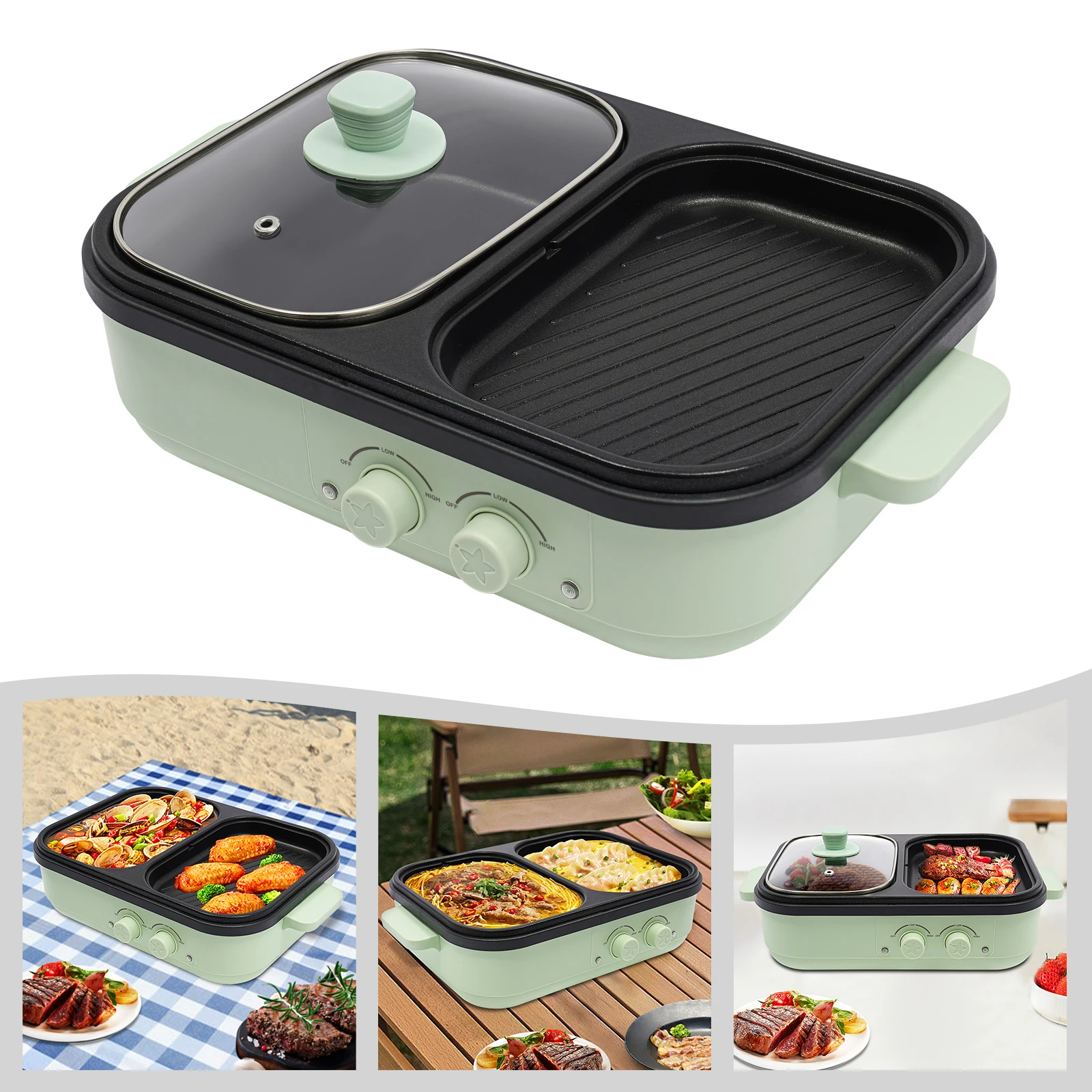 1300W 2-in-1 Hot Pot Dual Temperature Control Overheating Automatic ...