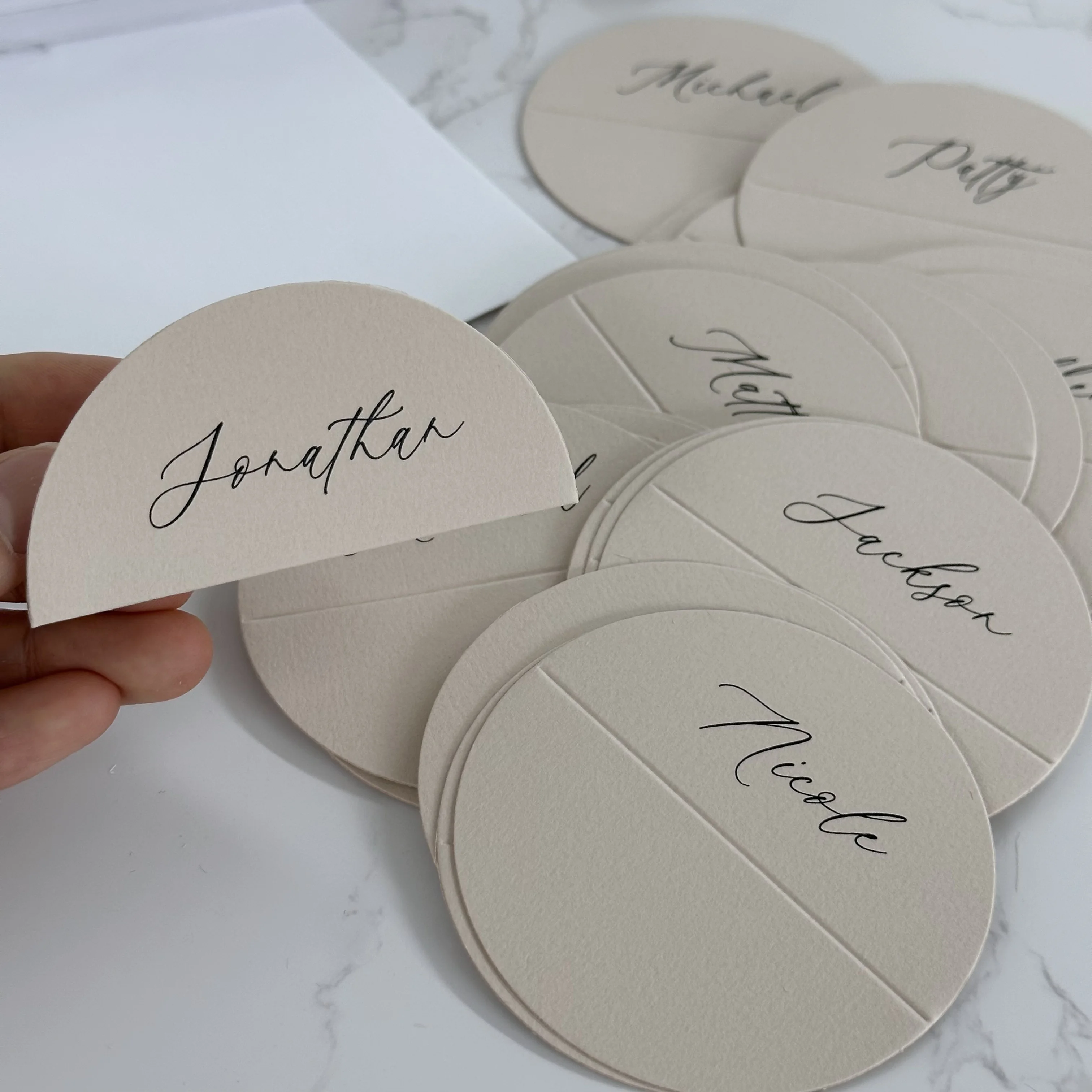 Custom circular folded place card, circular, semicircular, nude paper ...