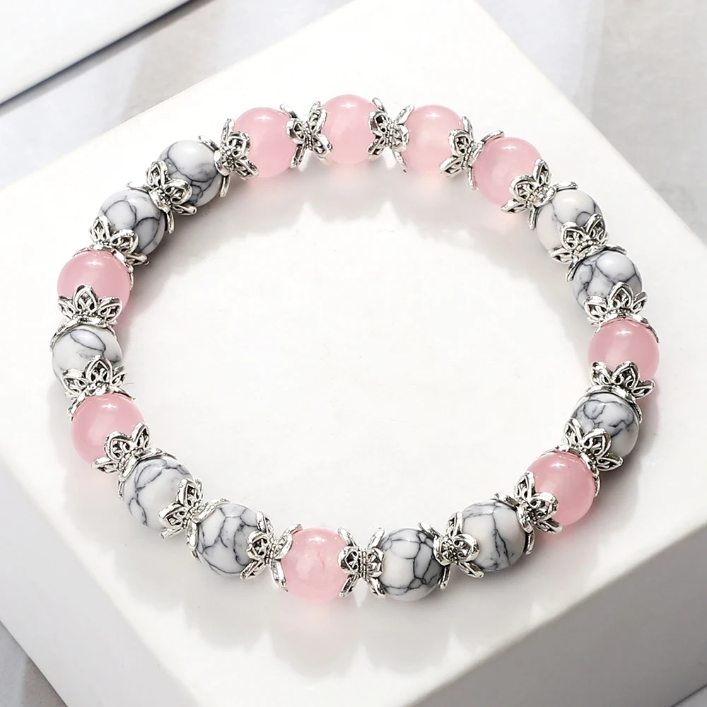 Women Pink Quartz Beads Bracelets Natural Black Lava Stone Agates ...