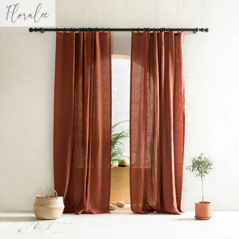 Natural Linen Brick Red Blackout Curtains for Living Room and Bedroom ...