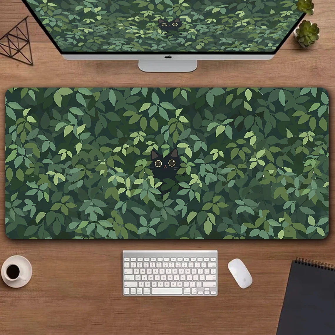 Bonito Verde Desk Mat Kawaii Gato Preto Mousepad Plantas Estéticas ...