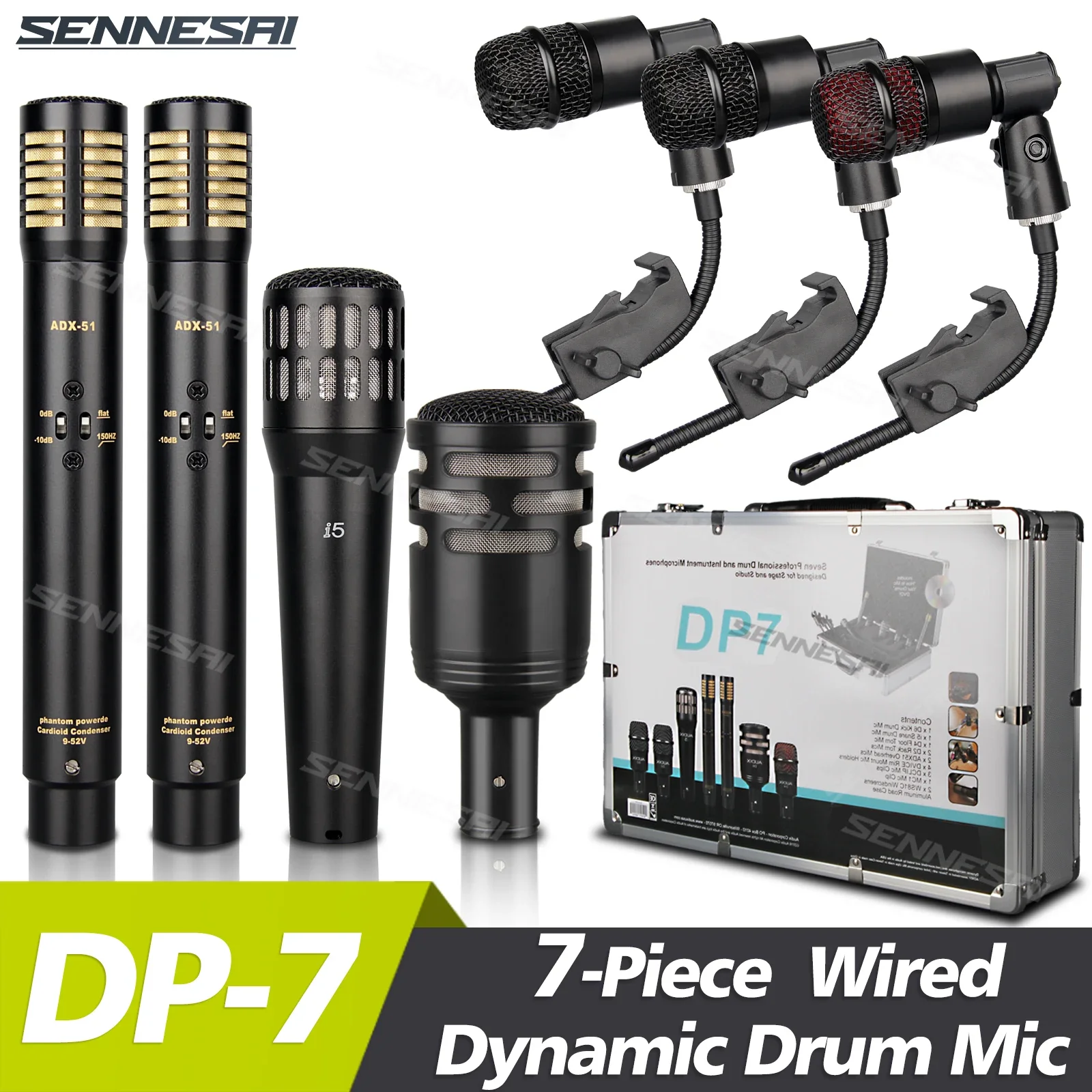 NEW-DP7-7-Piece-Wired-Dynamic-Drum-Microphone-Metal-Kick-Bass-Tom-Snare ...