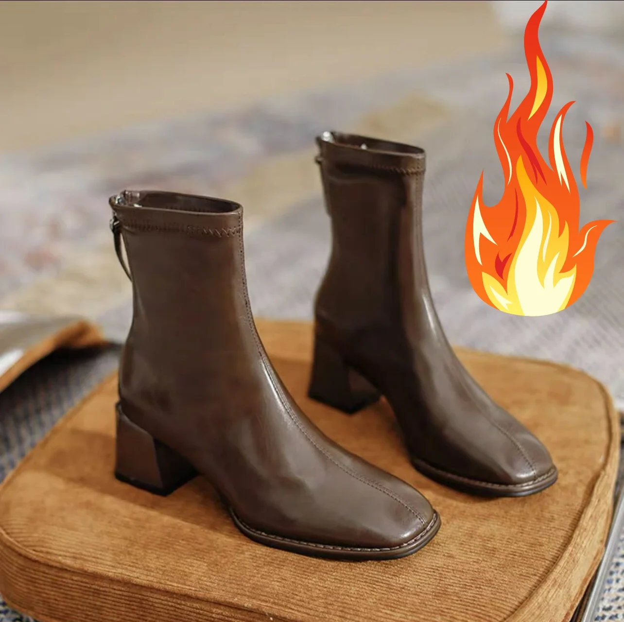 Botines-de-punta-cuadrada-para-mujer-zapatos-el-sticos-aterciopelados ...