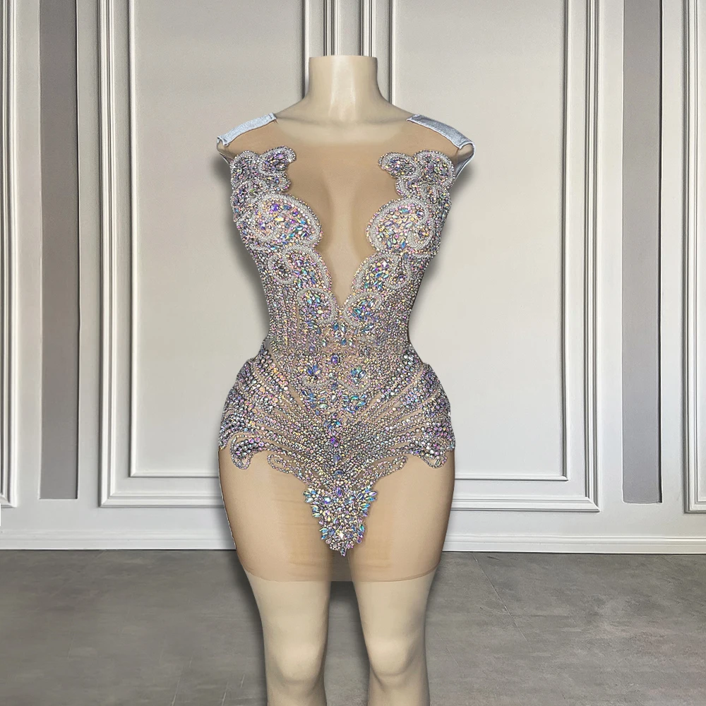 See-Through-Sheer-Mesh-Women-Birthday-Cocktail-Gowns-Luxury-Silver-Crystals-Black-Girls-Short ...