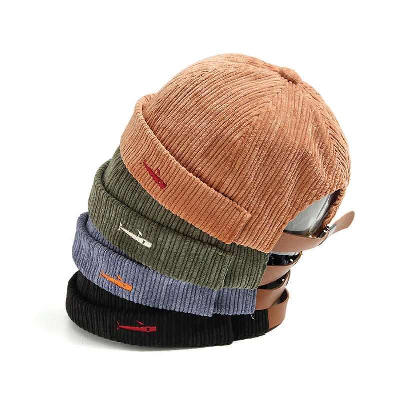 Top Corduroy Brimless Docker Hat Embroidery Fish Dome Hats Adjustable ...