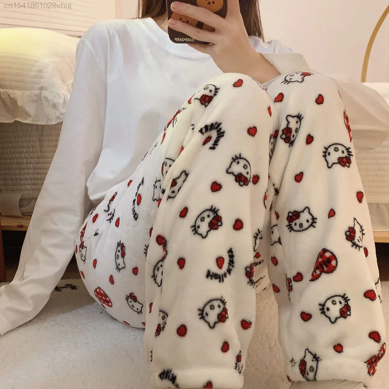 Sanrio-Cartoon-Hello-Kitty-Pajama-Pants-Y2k-Girls-Plush-Thick-Winter ...