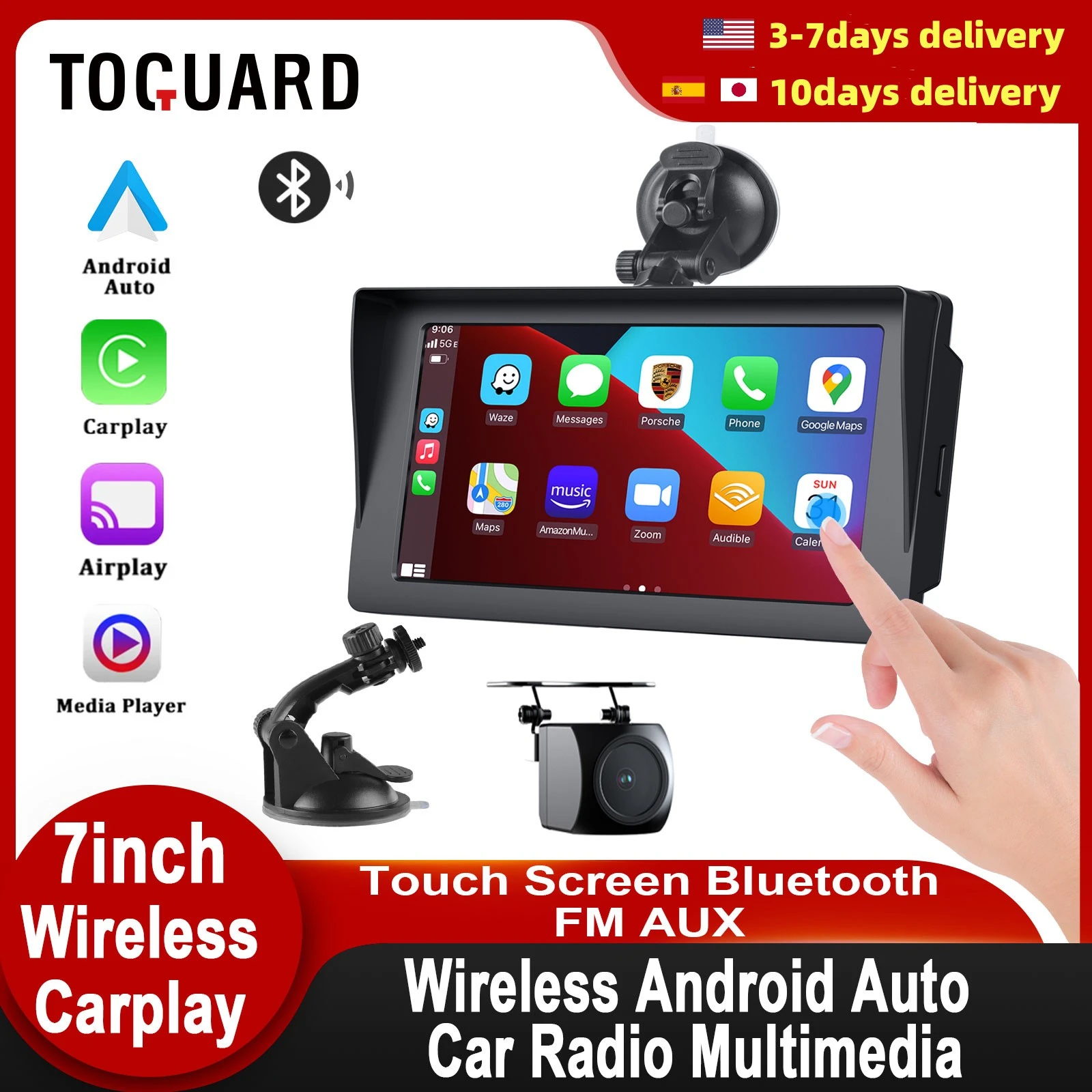 TOGUARD 7 polegada CarPlay Android Auto Car Radio Multimídia Vídeo Wireless Player Portátil BT ...