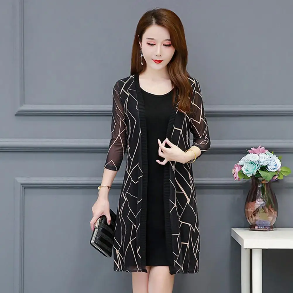 3-4-Sleeve-Summer-Cardigans-Open-Front-Mid-length-Cover-Up-Coat-Flower ...