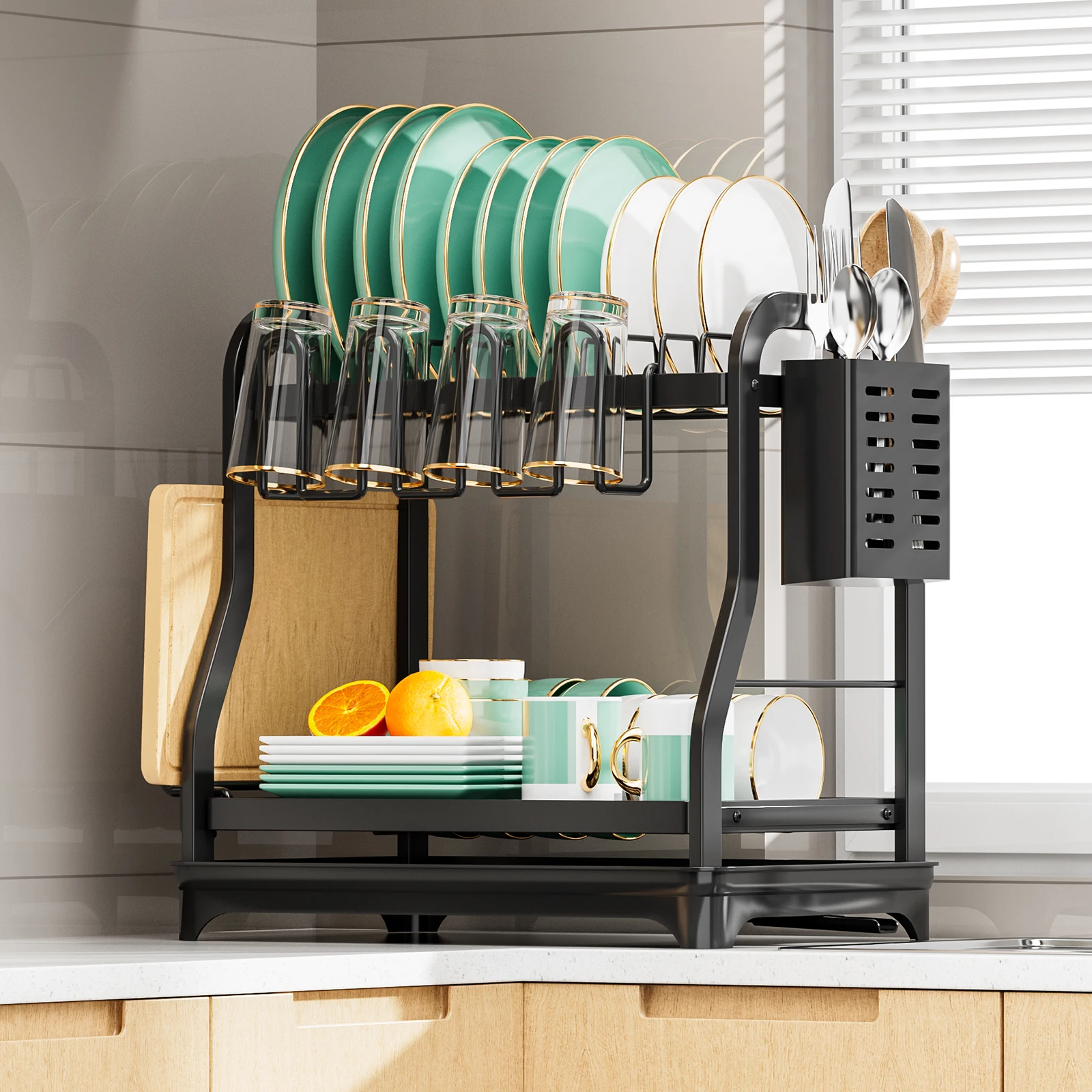 Dish-drying-rack-Dish-rack-with-drain-tray-and-swivel-spout-Kitchen ...