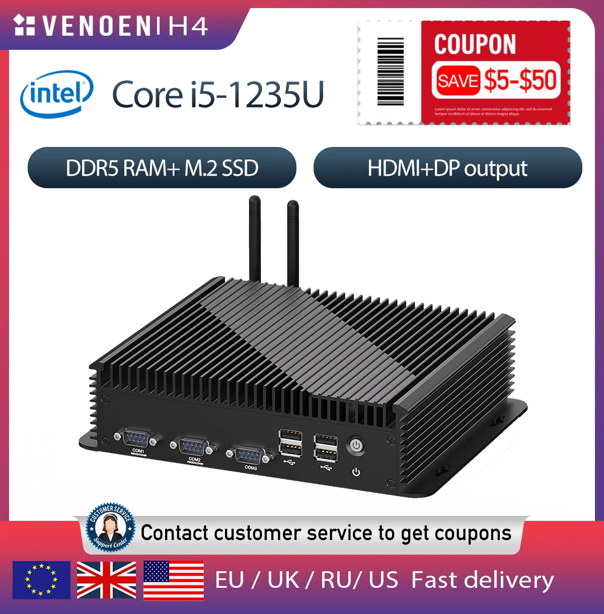 12th Gen Core i5-1235U Industrial Mini PC 9-36V Wide Voltage DDR5 RAM ...