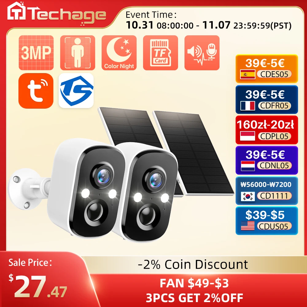 Techage-Tuya-3MP-Wireless-Sloar-Battery-IP-Camera-Outdoor-Security-WiFi ...