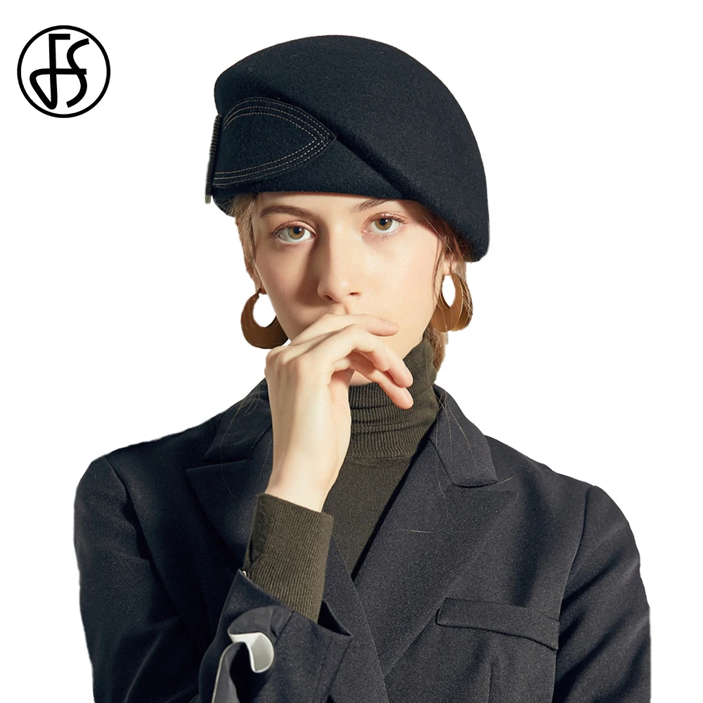 FS Vintage Women's Wool Felt British Top Beret With Bow Tea Party ...