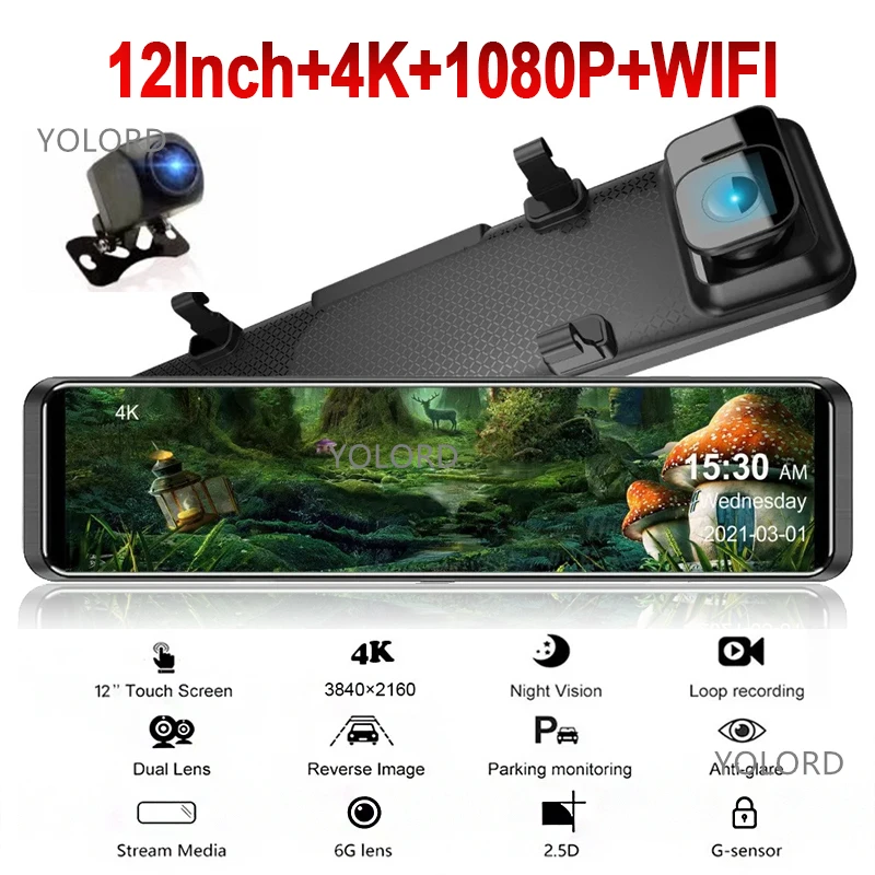 4K-2160P-Ultra-HD-3840-2160P-Car-DVR-Camera-WIFI-App-12-Inch-Mirror ...