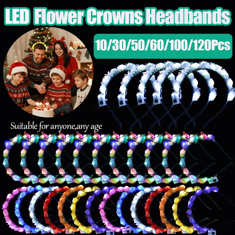 10-120Pcs LED Flower Crown Headband Glow Light Up Headband Wreath Crown ...