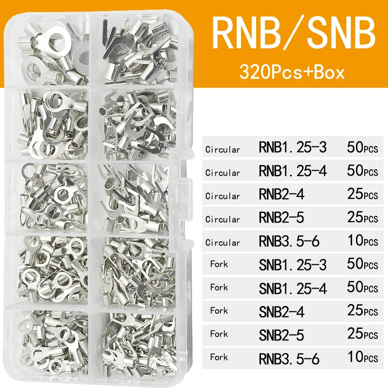 320Pcs-Box-10-In-1-Terminals-Non-Insulated-Ring-Fork-U-type-Brass ...