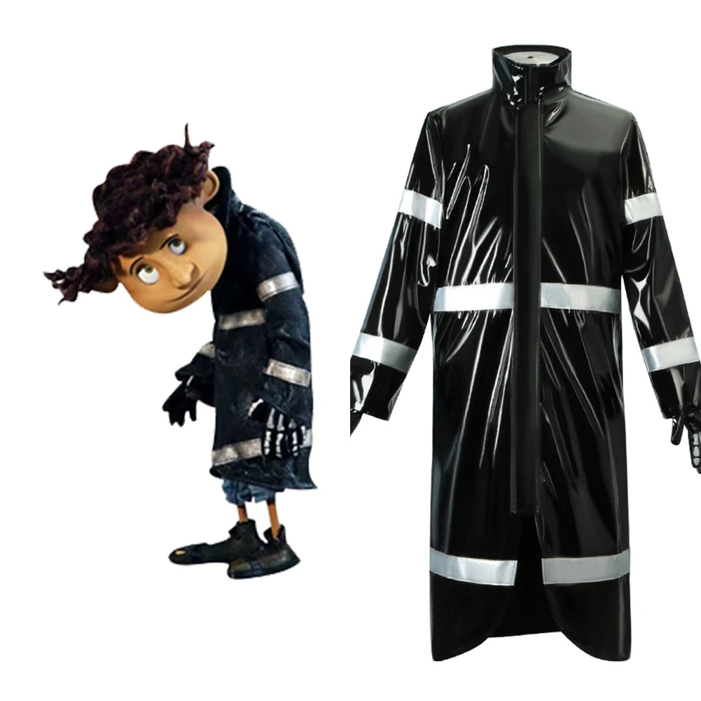 Coraline Wybie Lovat Costume Black Leather Coat Gloves Trench Coat Suit ...