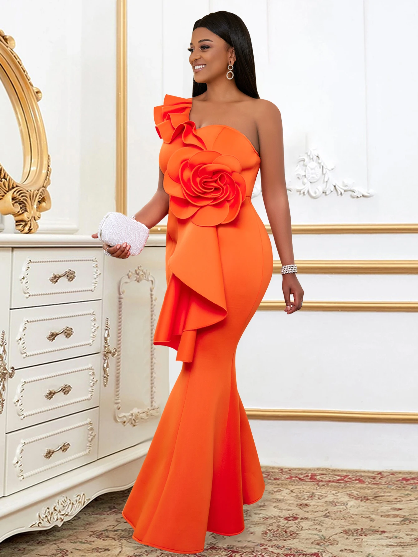 Vestidos-de-Noche-naranja-para-mujer-un-hombro-volantes-flor-Imperio ...
