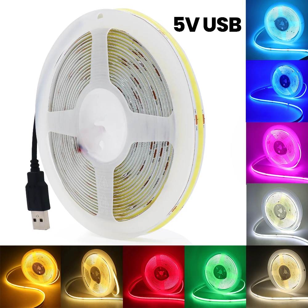 DC 5V USB COB LED Strip Light 8mm 320LEDs/m High Density Flexible LED ...