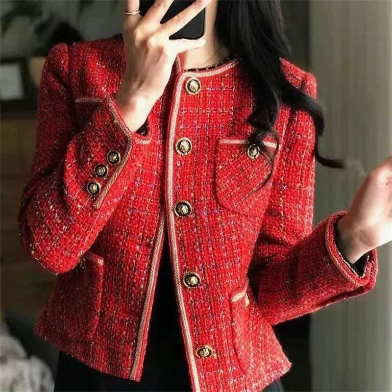 Women-Red-Tweed-Blazers-New-Autumn-Winter-O-Neck-Single-Breasted-Suit ...