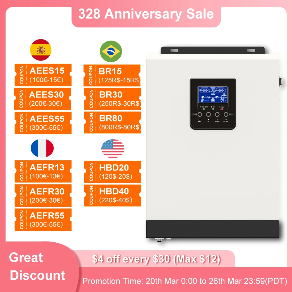 Powmr 3kva/2400w Pure Sine Wave Hybrid Off Grid Solar Inverter Pwm 50a Solar Charger Controller ...