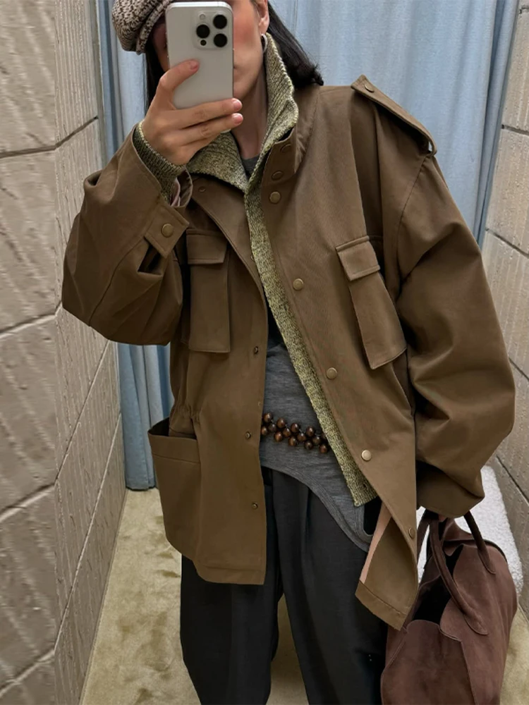 Oversize Multi-Pocket Parka Coat Long-Sleeve Button-Front Structured ...