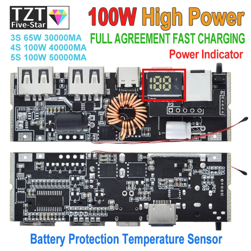 QC4.0 QC3.0 LED Dual USB PD Fast Charge 5A 100W Micro/Type-C USB Mobile Power Bank 18650 ...