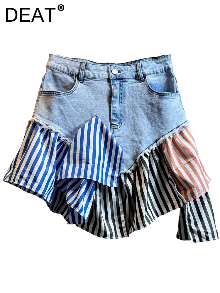 Deat Women S Denim Skirt High Waist Patchwork Irregular Striped Colored