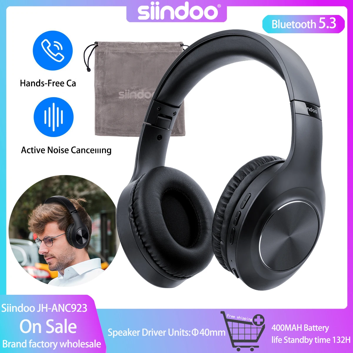 Siindoo-JH-ANC923-Active-Noise-Cancelling-Wireless-Headset-Foldable ...