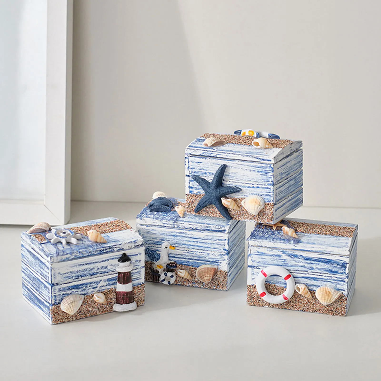 4pcs Unique Hand-Made Wooden Storage Box Nautical Style Small Organizer ...