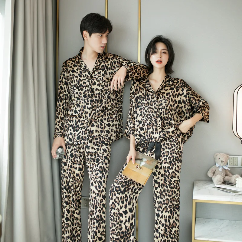 Same Style for Men Women Leopard Pajamas Lapel Sleepwear Lovers Home ...